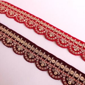 9 Yards Maroon/ Red Golden Zari Sequin Work Lace Trim, Indian Embroidered Sari Border Trim ...