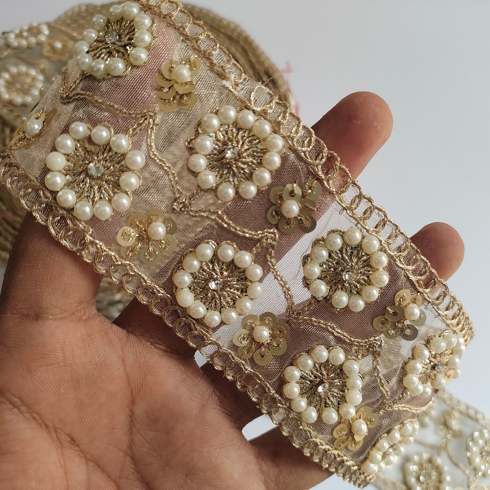 Creme Gold Pearl & Crystal Gotawork Indian Embroidered Lace - Etsy