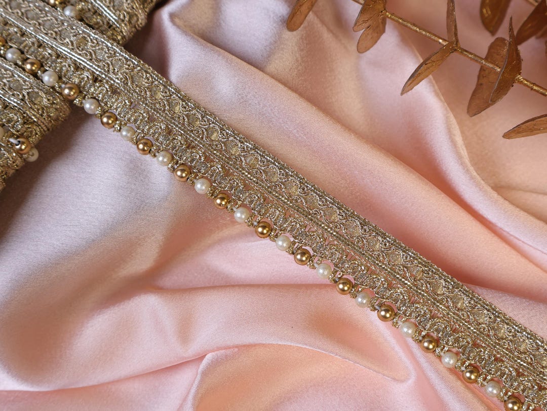 9 Yards - Narrow Beaded Golden & White Pearl Trim Lace, Dupatta Saree Suit Border Ribbon Lace ...