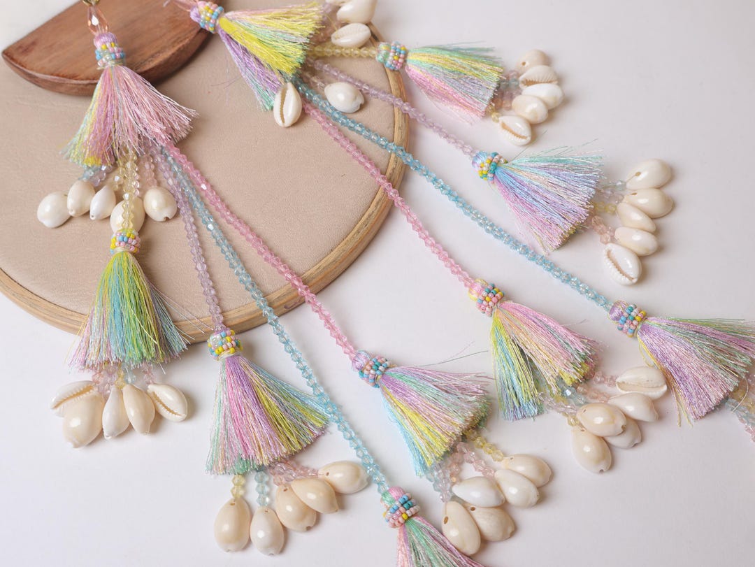 1 Pair- Multi String Pastel Color Tassels & Cowrie Shells Fringe Latkan ...