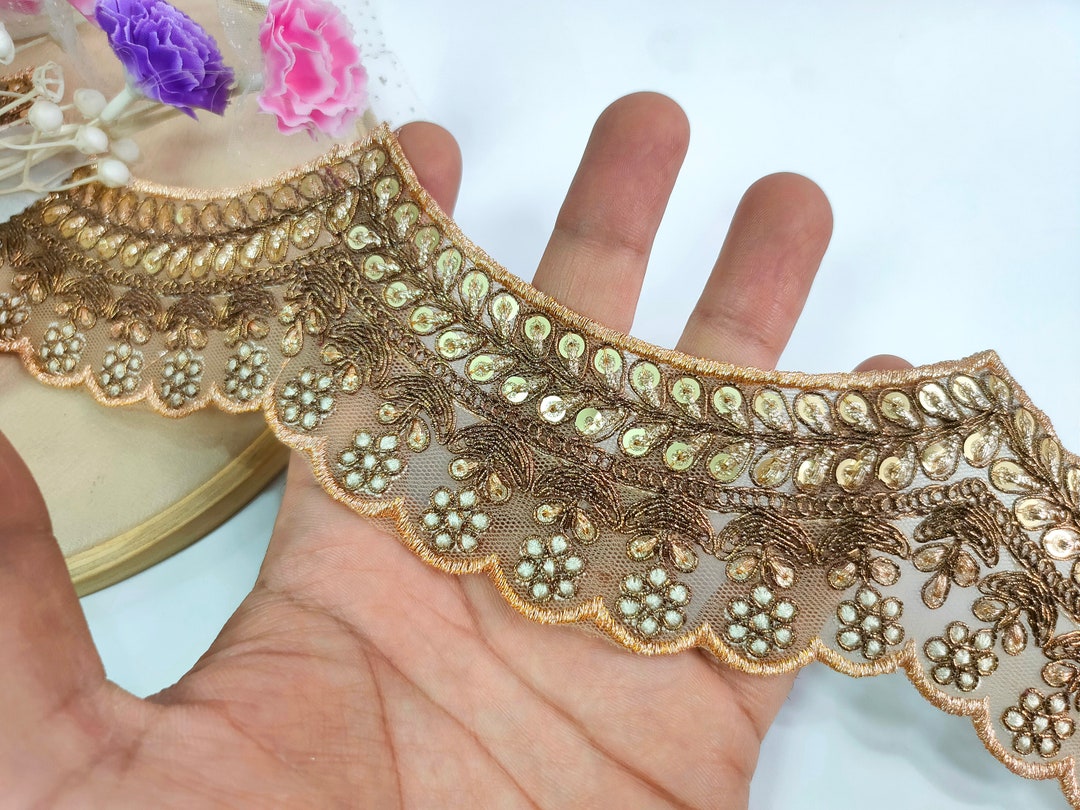 9 Yards Premium Brown Gold Embroidered Zari Sequin Lace, Scalloped Sari Border Trim, Fancy ...