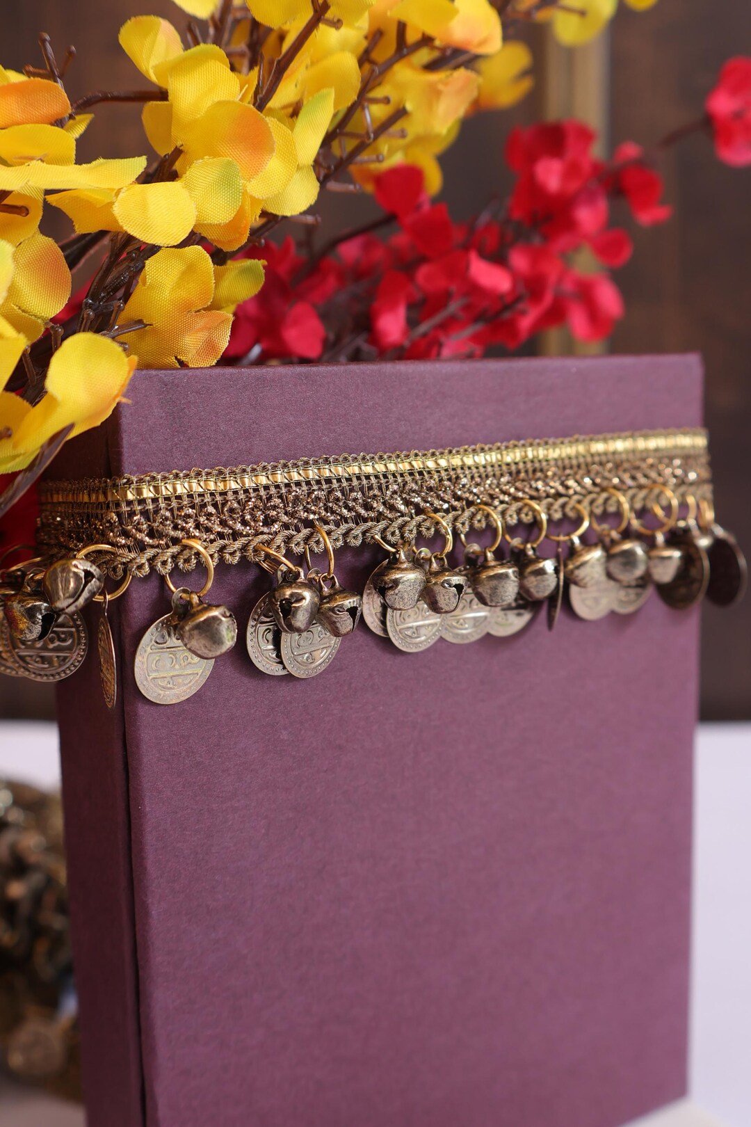 Brown Gold Metal Coins & Ankle Bells Suspended Beaded Trim, Lace for ...