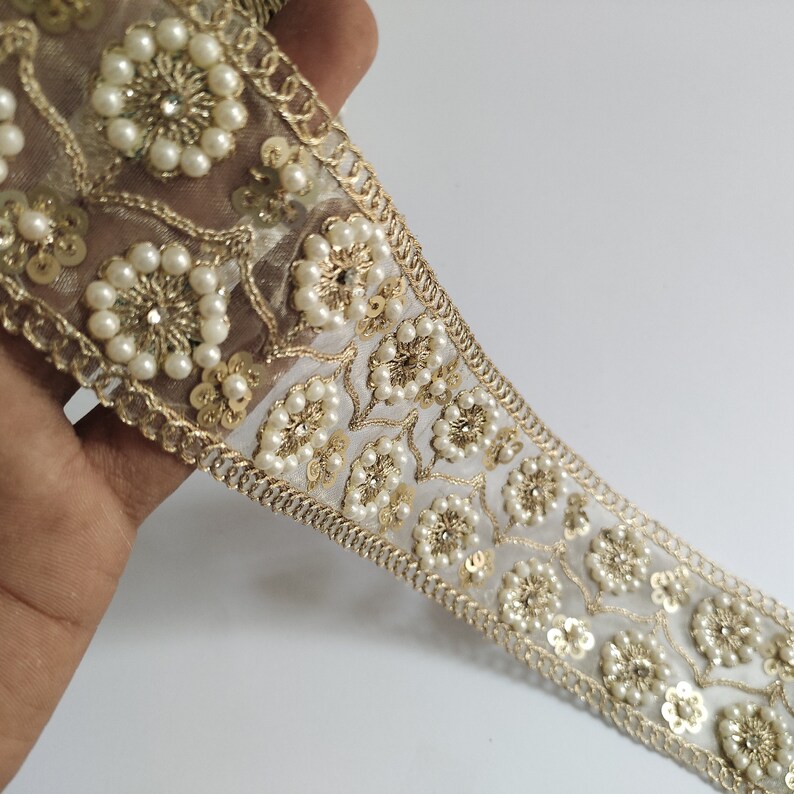 Creme Gold Pearl & Crystal Gotawork Indian Embroidered Lace - Etsy