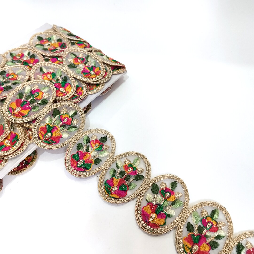 Magenta Pink and Green Oval Zardozi Threadwork Embroidered Trim ...