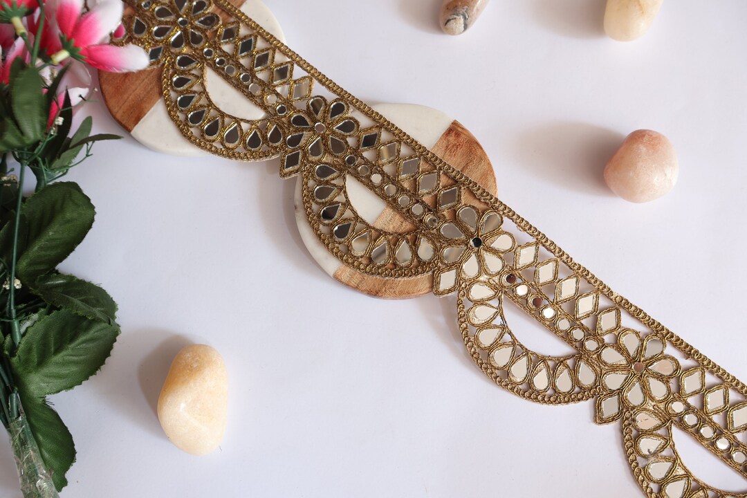 Golden Jali Pattern Scalloped Mirror Trim, Glamourous Sari Border ...