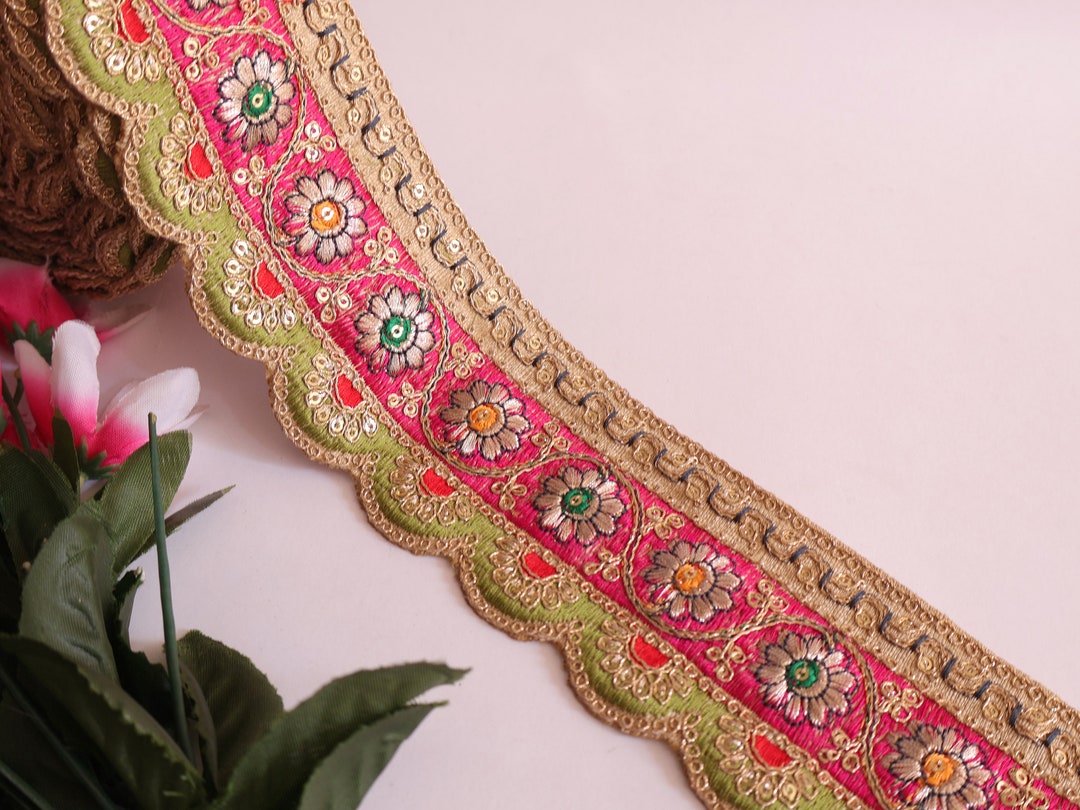 Magenta & Parrot Green Threadwork Sequin Embroidery Indian Sari Lehenga ...