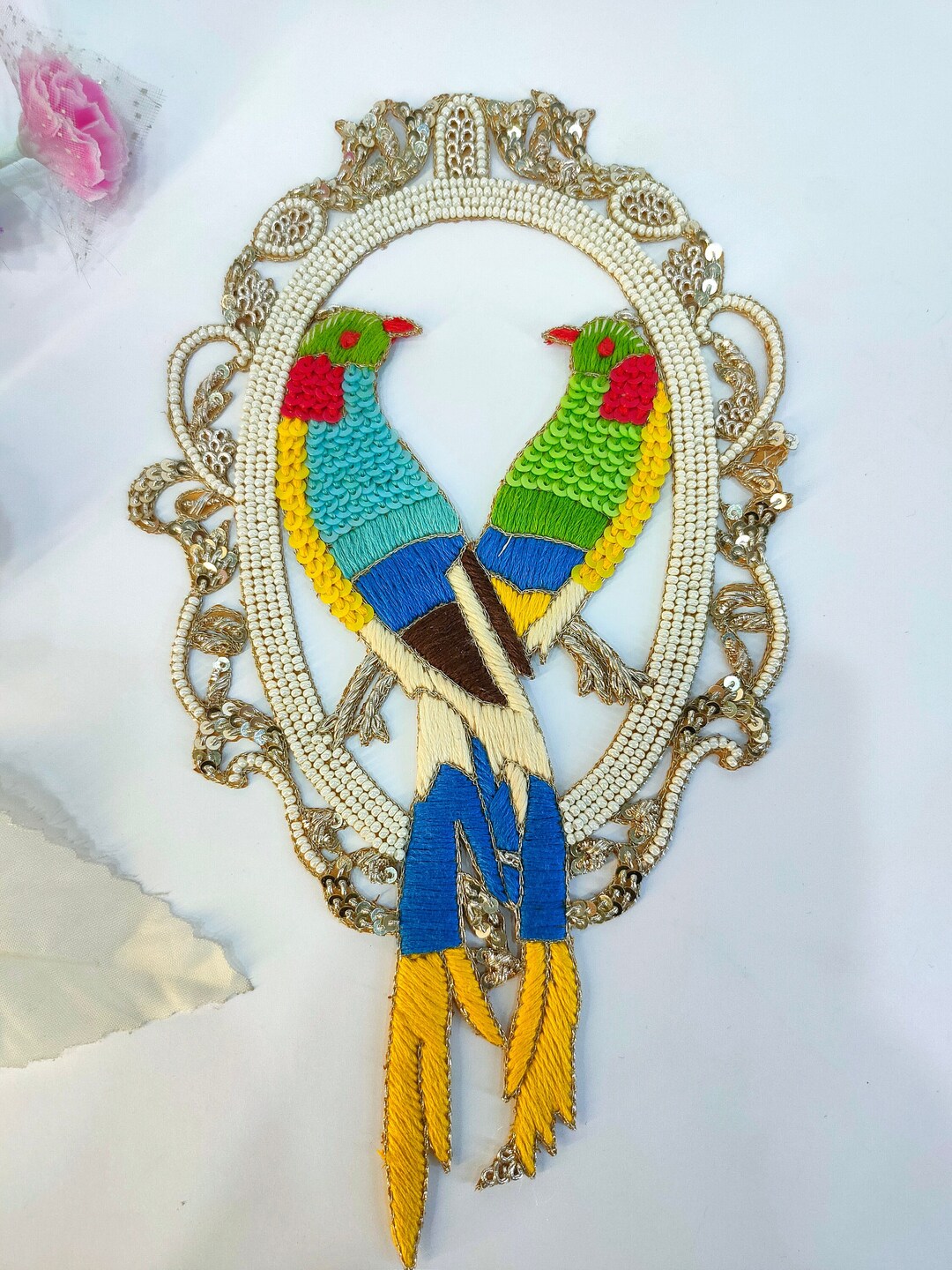 Oval Frame Parrot Applique Sew on Patch, Cutdana Indian Thread ...
