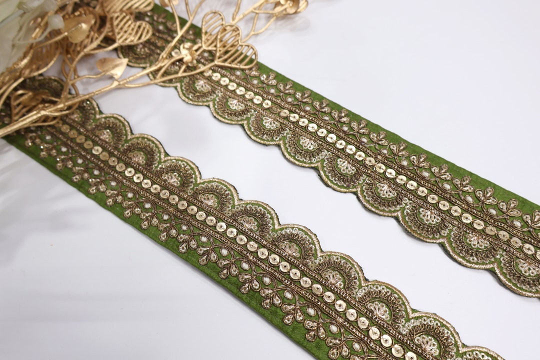 9 Yards Green & Gold Scallop Indian Embroidered Lace, Sari Border Trim, Fancy Dupatta Suits ...