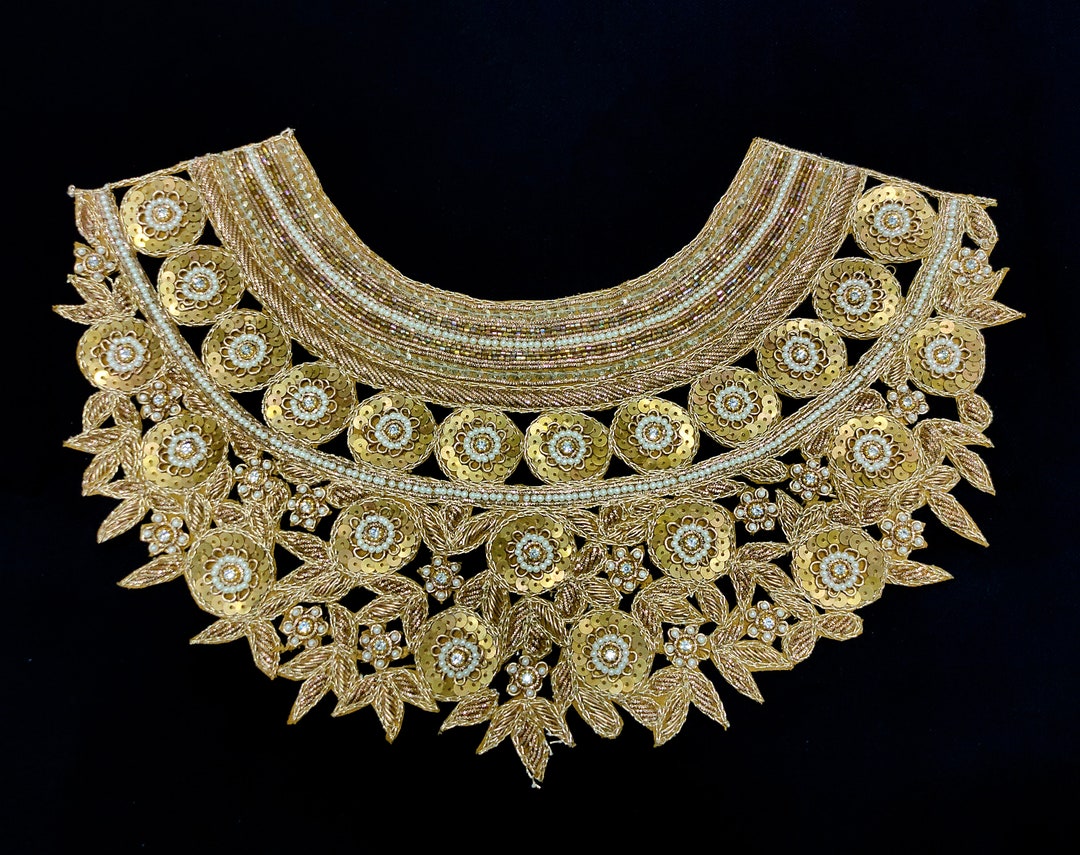 Antique Gold Applique Sew on Neckline Patch With Collar, Indian Beads ...