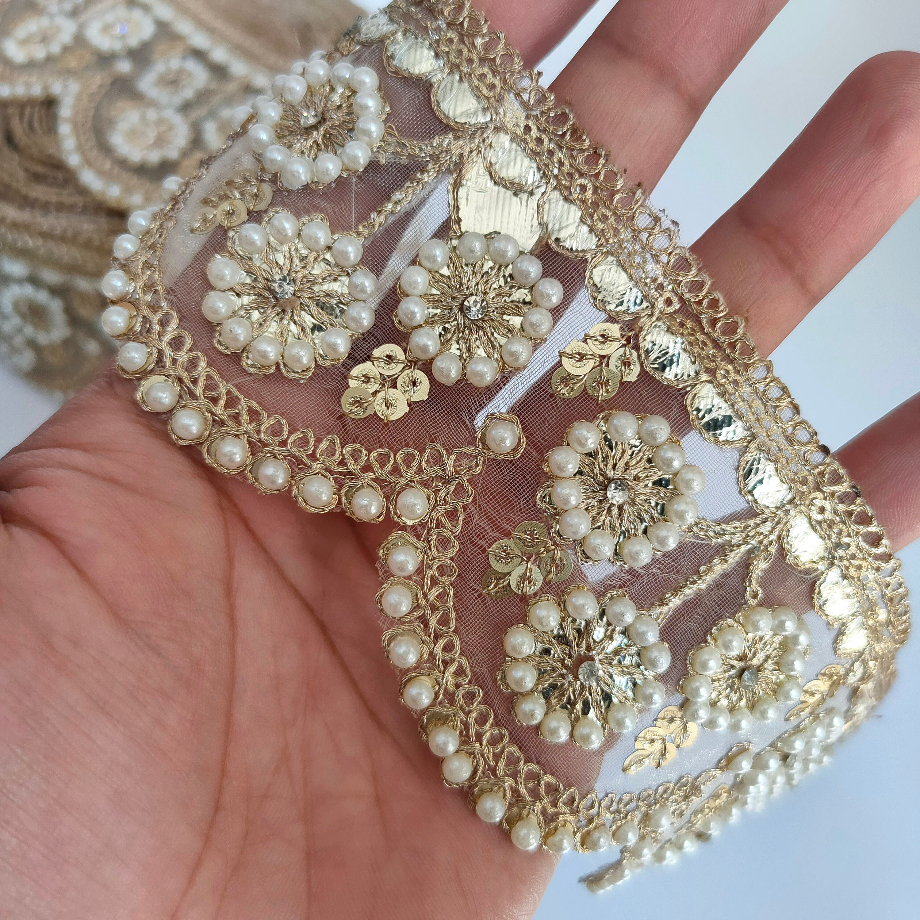 Creme Gold Pearl & Crystal Gotawork Indian Embroidered Lace - Etsy