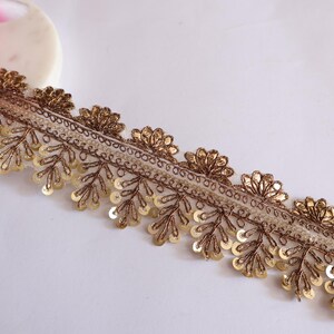 9 Yards Antique Golden Sequin Zardozi Embroidered Lace, Scalloped Border Trim, Fancy Sari ...
