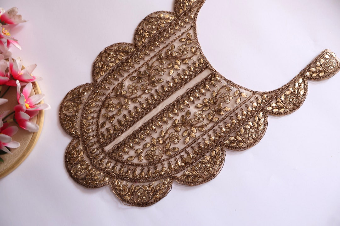 Dark Gold Gota Patti Design Embroidered Neckline Sew on Patch, Indian ...