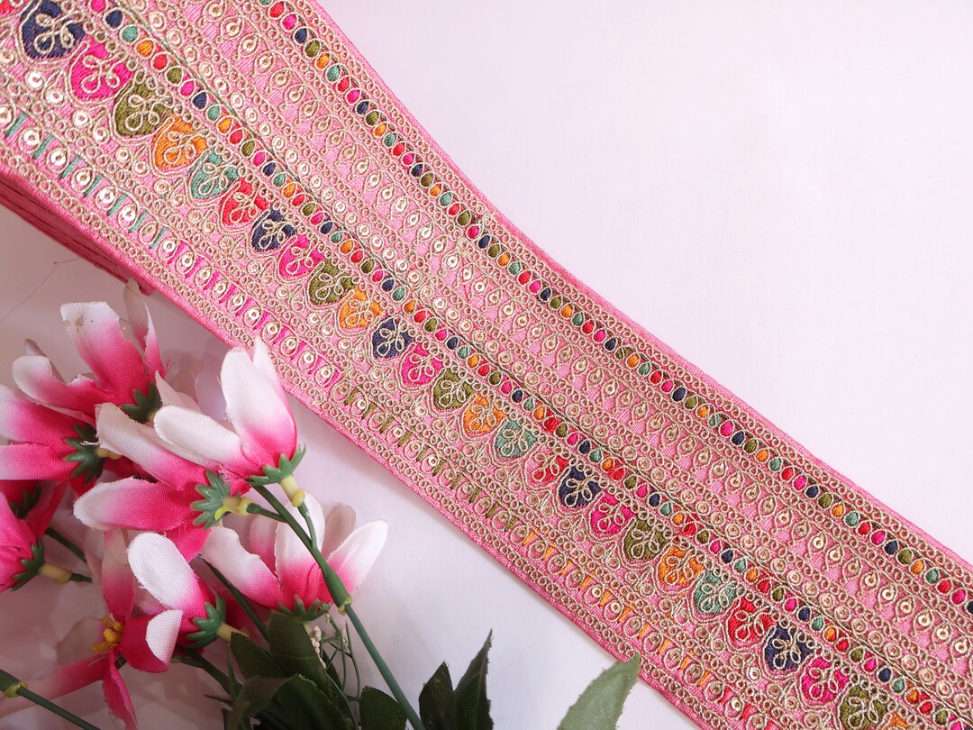 Pink Zari Sequin Embroidered Sari Border Trim: Indian Costume Lace ...
