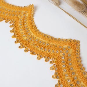 7 Yards Pale Yellow Scallop Indian Embroidered Golden Sequin Lace, Sari Border Trim, Fancy ...