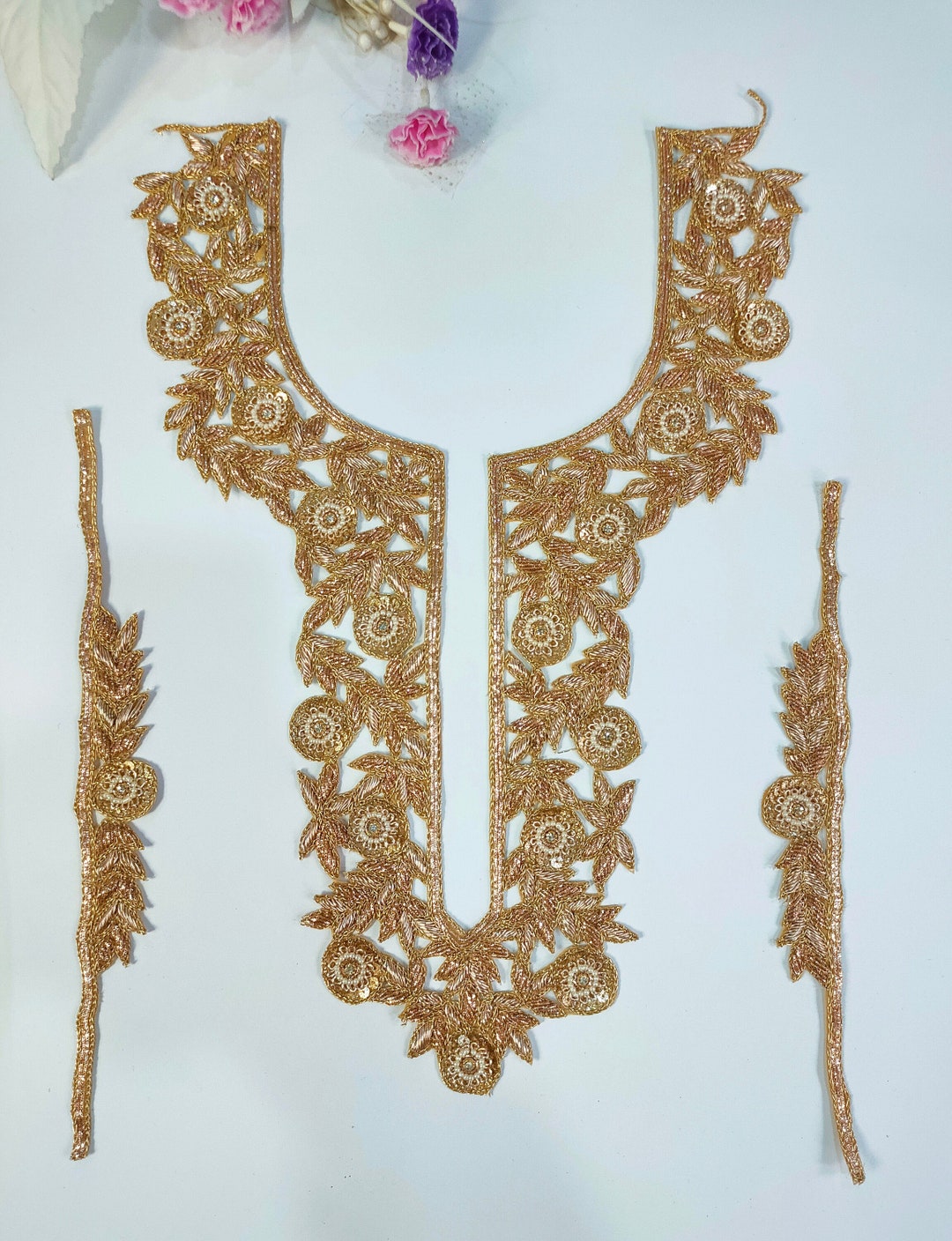 Rose Gold Embroidered Neckline Patch With Sleeves: Indian Zardozi ...