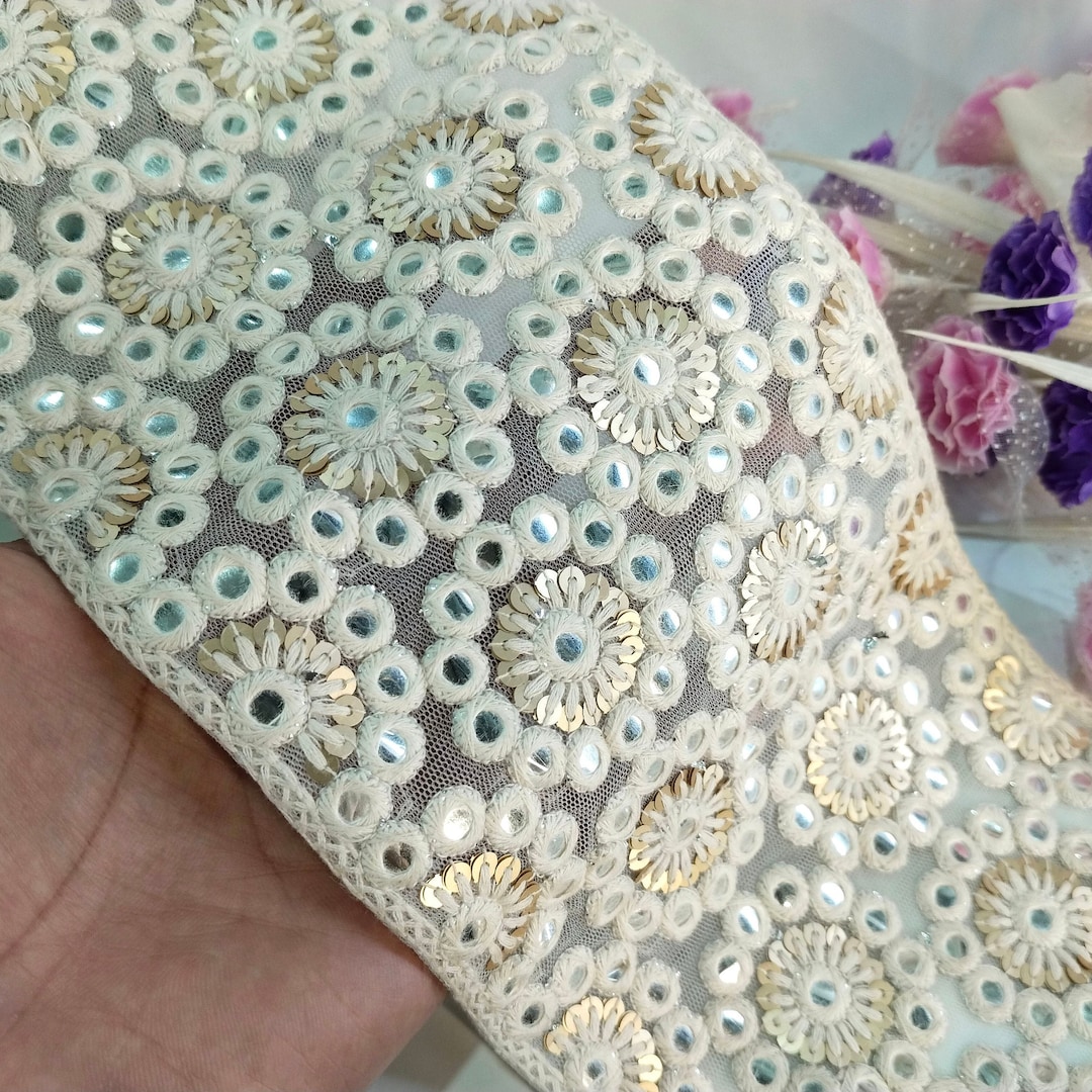 Broad Creme White Thread Embroidered Golden Sequin Border, Floral Net ...