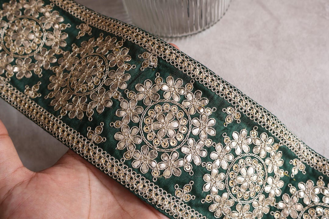 Green & Golden Gota Patti Sequin Trim: Indian Embroidered Lace, 11cm ...
