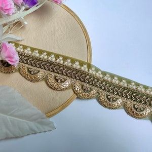 9 Yards Moss Green & Gold Scallop Indian Embroidered Lace, Sari Border Trim, Fancy Dupatta Suits ...