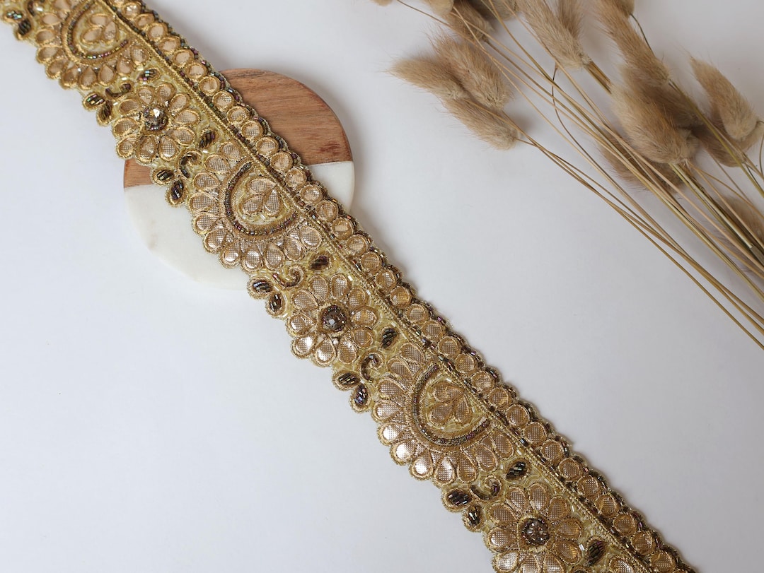 Premium Golden Gota & Glass Cutdana Beads Scalloped Indian Lace ...