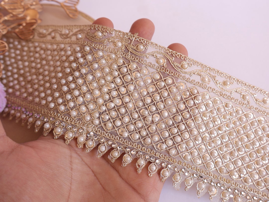 Gold Net Zari Embroidered Pearl Indian Trim Lace, Broad Sari Dupatta Lehenga Gown Embellishment ...