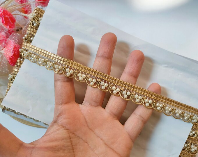 9 Yards Mini Scalloped Golden Trim Lace With Pearl Beads, Dupatta Saree Suit Border Ribbon Lace ...