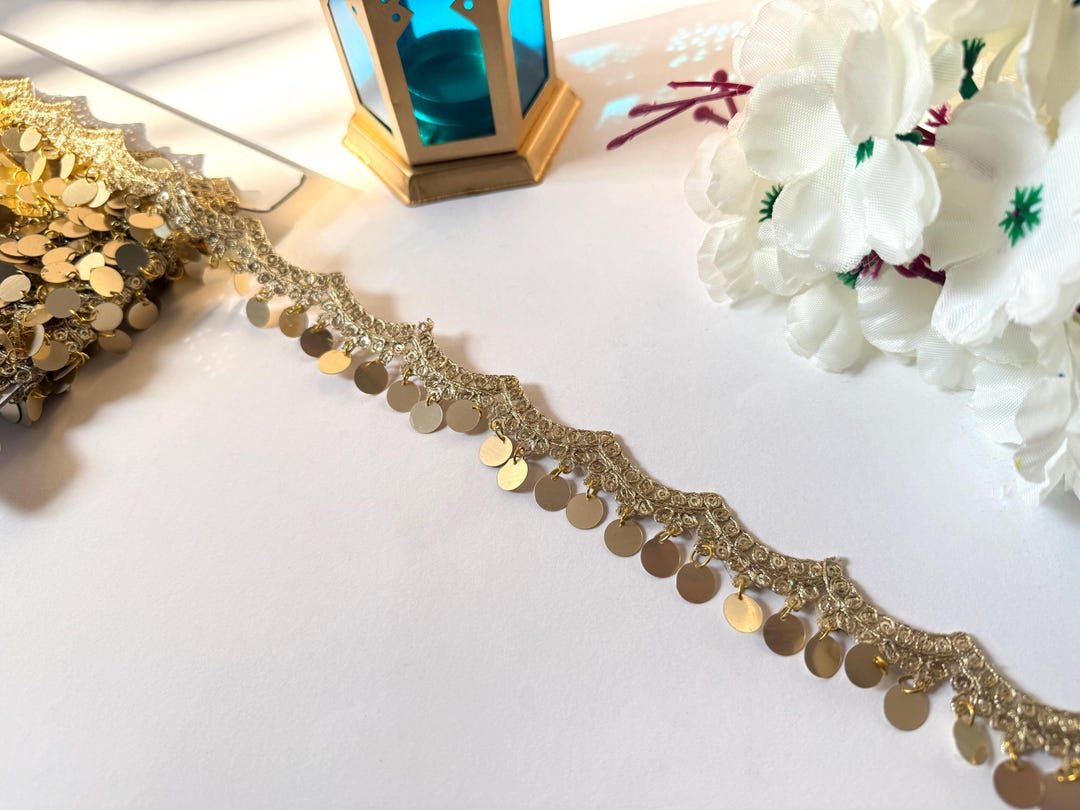 Narrow Gold Suspended Sequin Coins Latkan Lace Trim, Scallop Beaded ...