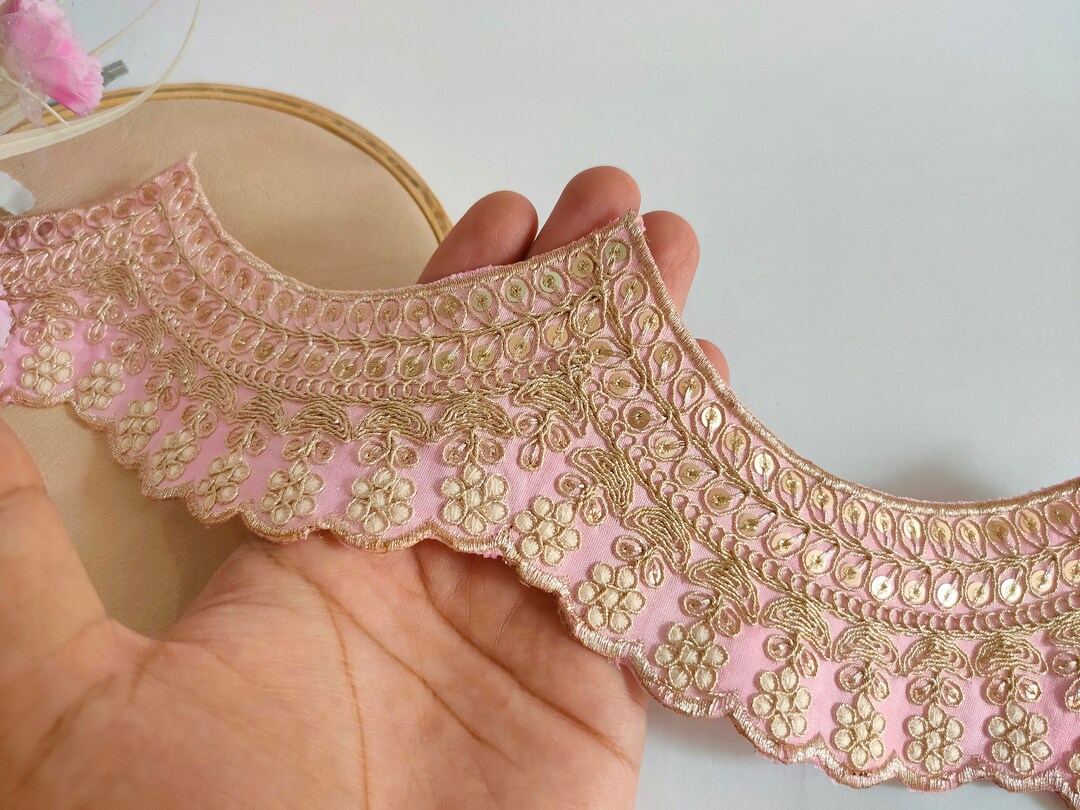 9 Yards Light Pink Embroidered Scallop Indian Lace, High Quality Zari ...