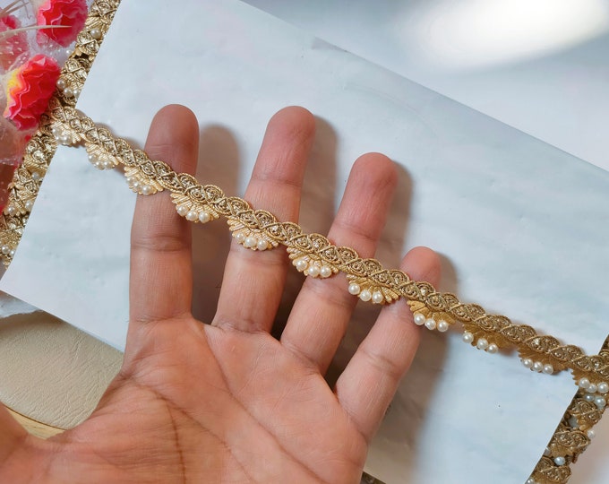 9 Yards - Narrow Scalloped Golden Trim Lace With Pearl Beads, Dupatta Saree Suit Border Ribbon ...