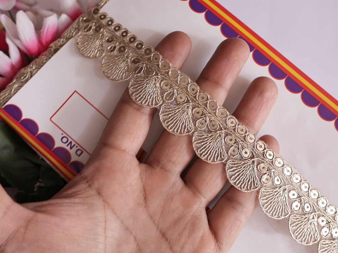 9 Yards Narrow 1 Golden Sequin Double Scallop Wave Trim Lace, Dupatta Saree Suit Border Ribbon ...