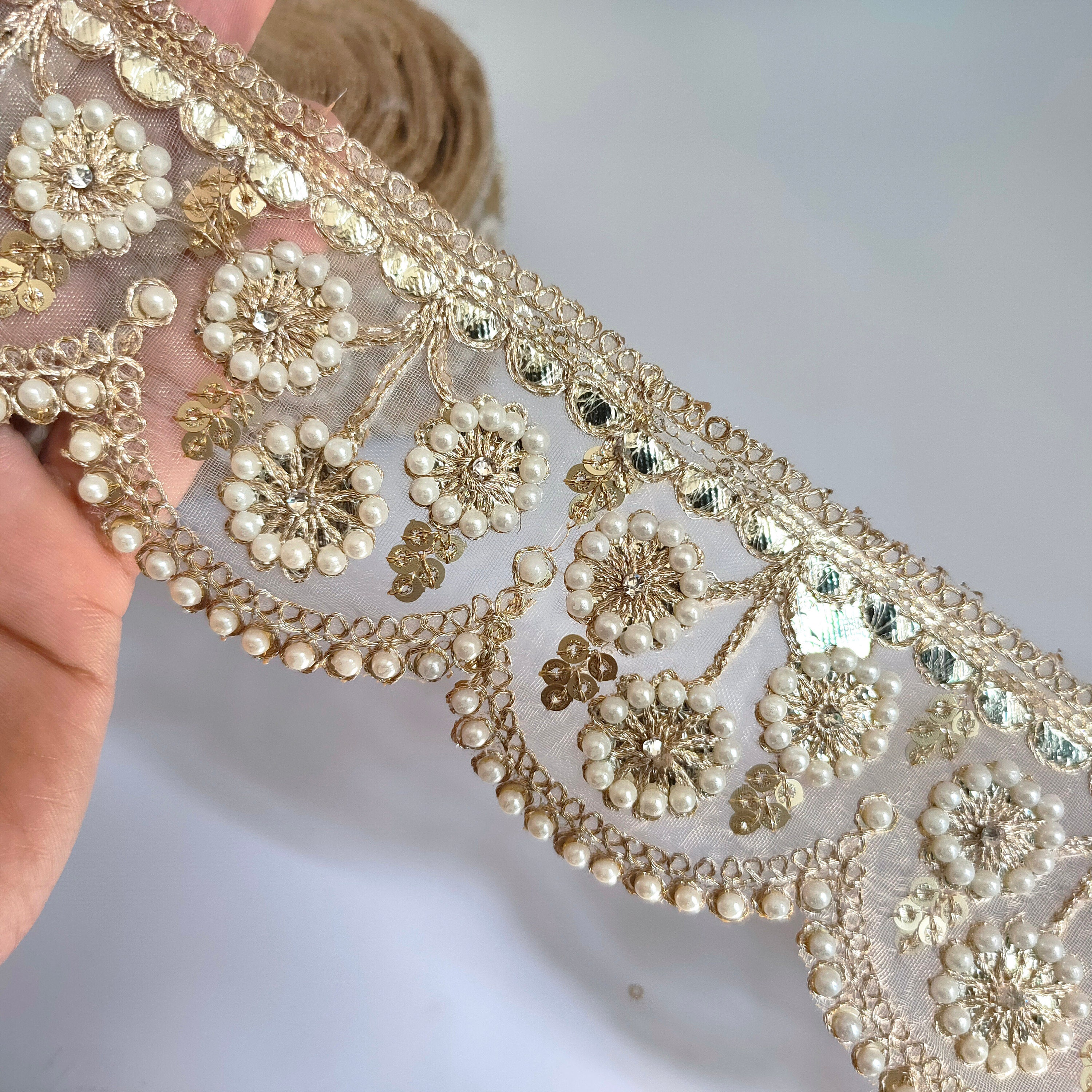 Creme Gold Pearl & Crystal Gotawork Indian Embroidered Lace - Etsy