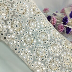 Broad Creme White Thread Embroidered Golden Sequin Border, Floral Net ...