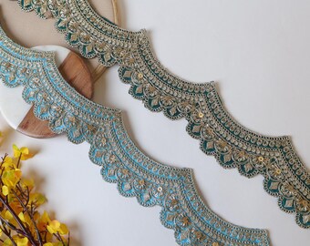 Sky Blue Sequin & Zari Work Lace Border, Beautiful Indian Sari Lace Trim, Wedding Dress ...