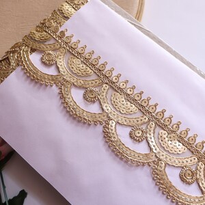 9 Yards Light Golden Sequin Double Scalloped Trim Lace, Dupatta Saree Suit Border Ribbon Lace ...