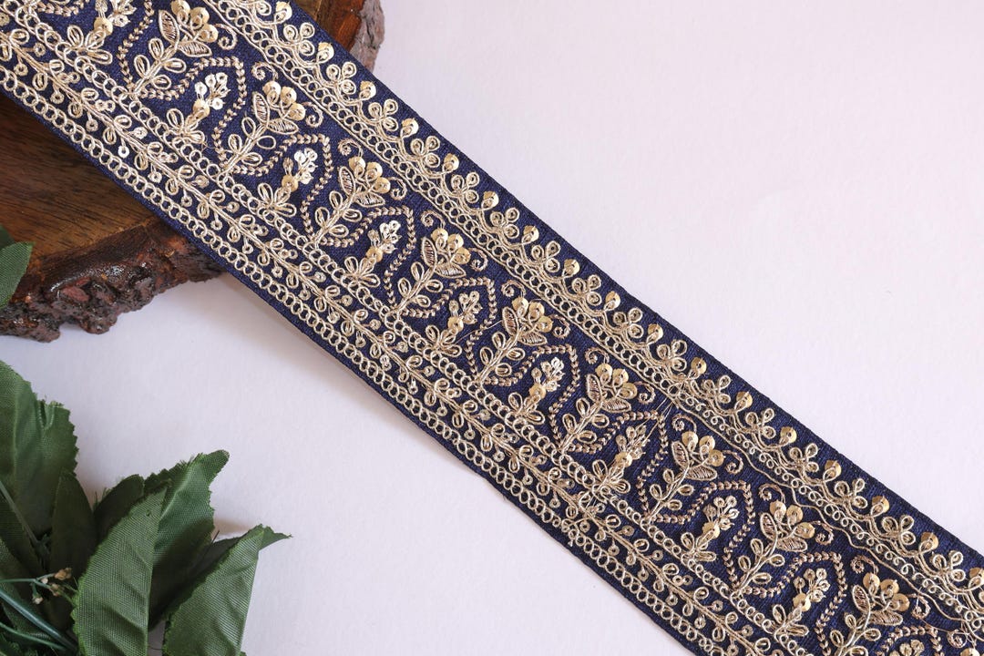 Navy Blue Intricate Gold Zari & Sequin Embroidered Lace, Indian Sari Border Trim, Fancy Dupatta ...
