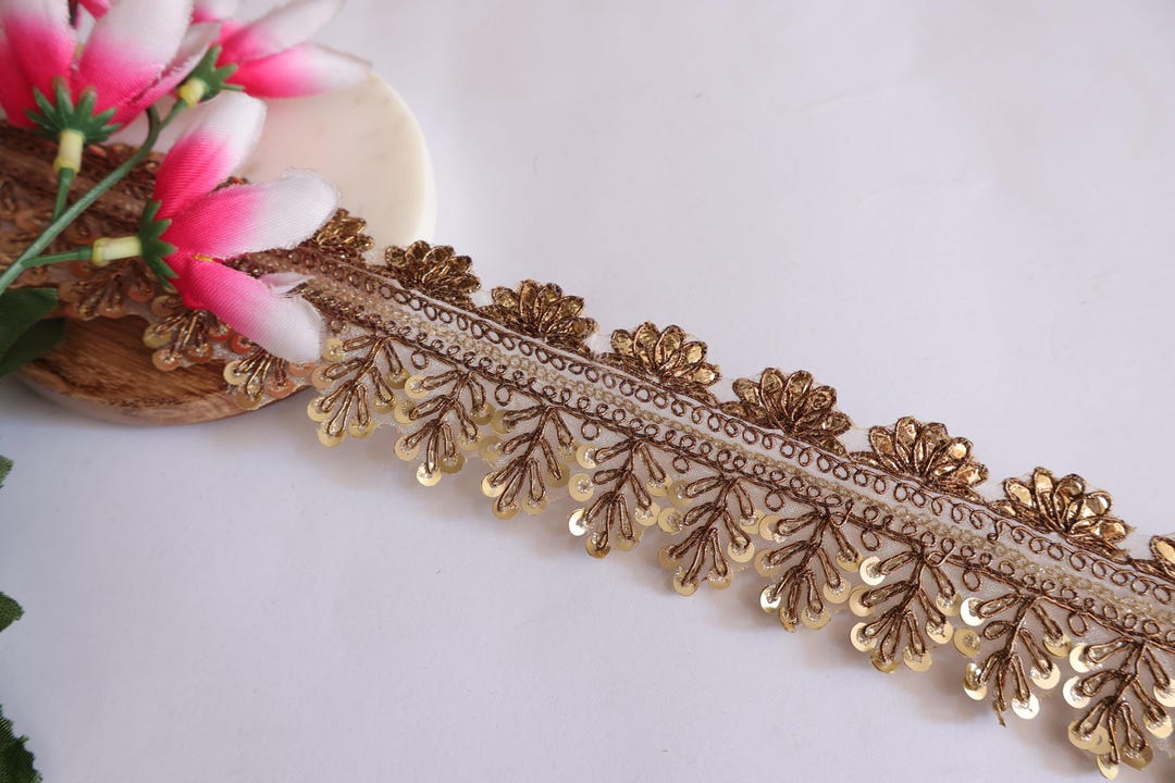 9 Yards - Antique Golden Sequin Zardozi Embroidered Lace, Scalloped Border Trim, Fancy Sari ...