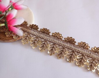 9 Yards - Red & Golden Zari Floral Embroidered Lace, Border Trim, Fancy Sari Dupatta Lehenga ...