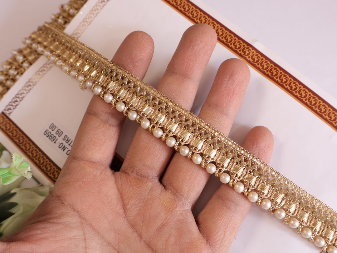9 Yards Narrow 1 Golden Beaded Pearl Trim Lace, Dupatta Saree Suit Border Ribbon Lace, Indian ...