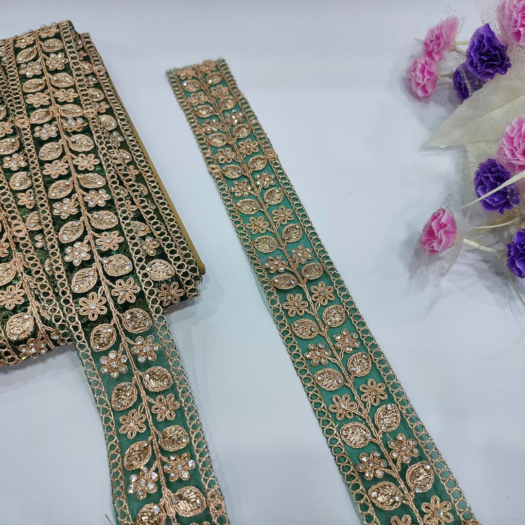 Emerald Green Embroidered Crystal Trim: Dupatta Sewing Border (4.5cm ...
