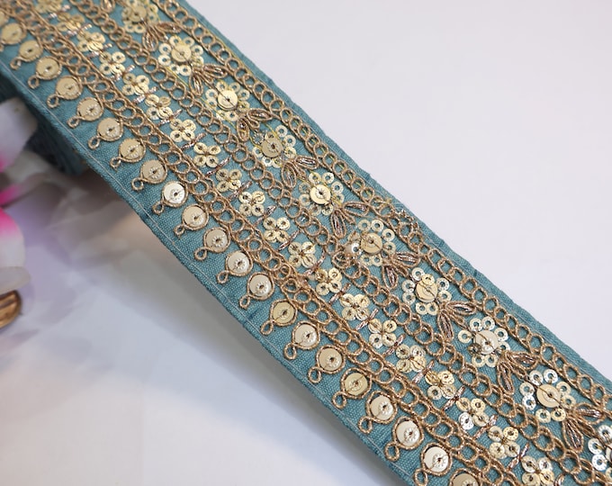 Sky Blue Sequin & Zari Work Lace Border, Beautiful Indian Sari Lace Trim, Wedding Dress ...