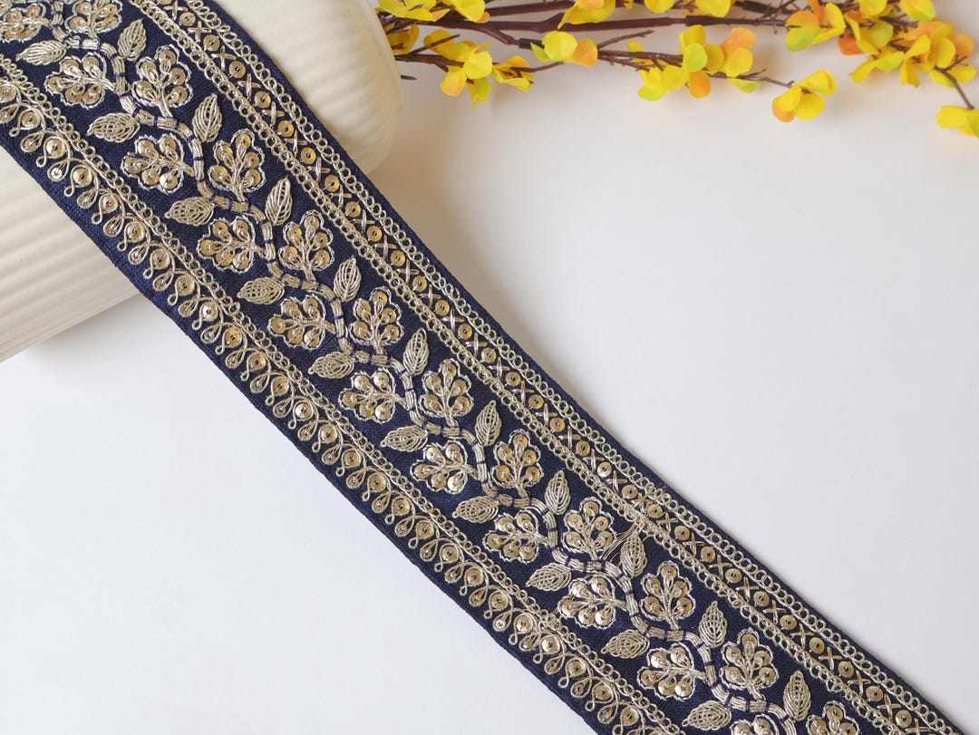 Navy Blue Floral Embroidered Lace Trim: Golden Zari Border, 9 Yards - Etsy