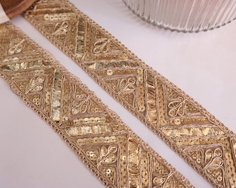 9 Yards Antique Brown Golden Gota Patti Zardozi Embroidered Indian Lace, Wedding Dress Lace ...