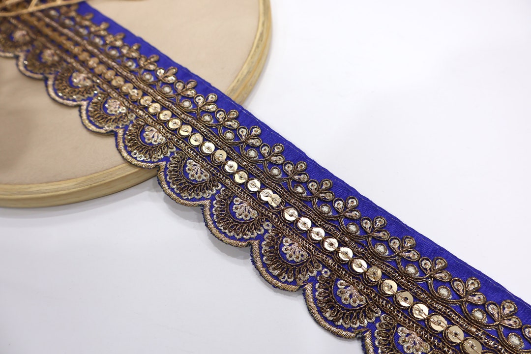 9 Yards Cobalt Blue & Gold Scallop Indian Embroidered Lace, Sari Border ...