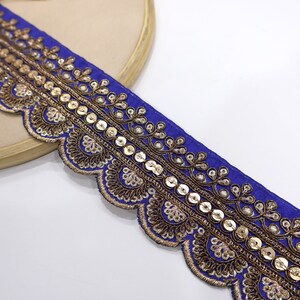 9 Yards Cobalt Blue & Gold Scallop Indian Embroidered Lace, Sari Border Trim, Fancy Dupatta ...