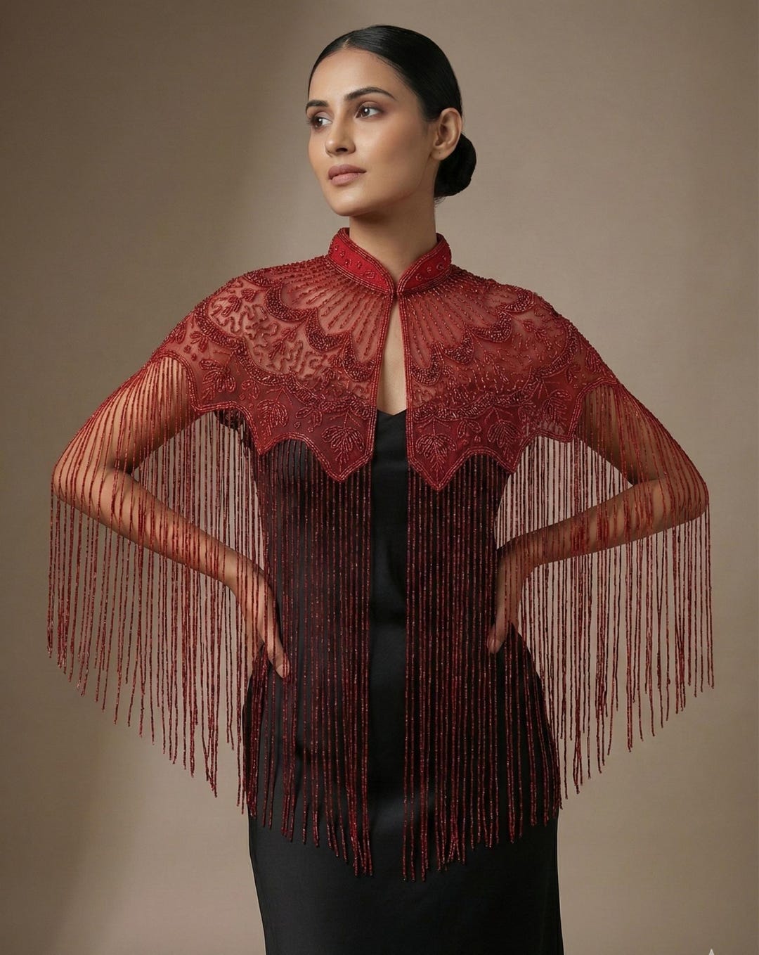 Deep Red Hand Embroidered Beaded Fringe Bridal Cape: Wedding Cover-up ...
