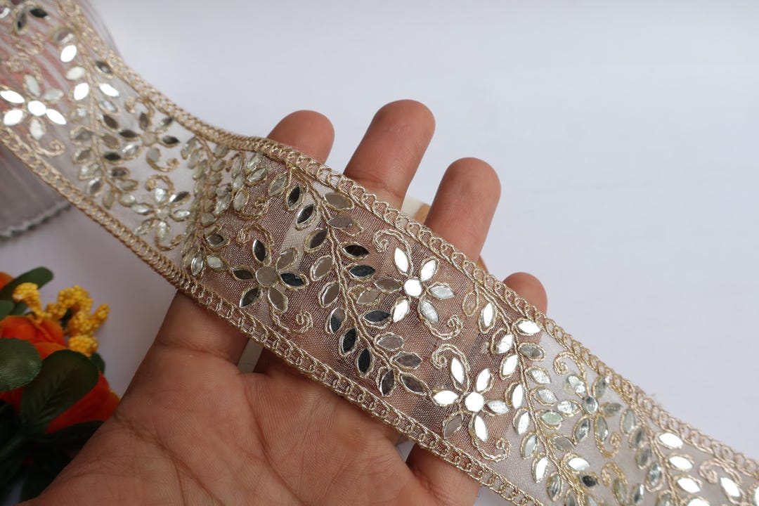 Golden Mirror Embellished Zari Border Lace, Indian Sari Lace ...