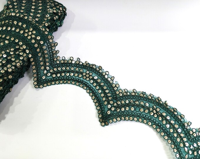 9 Yards Bottle Green Scallop Indian Embroidered Golden Lace, Sari ...