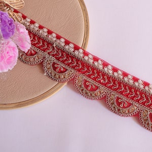 9 Yards Red & Gold Scallop Indian Embroidered Lace, Sari Border Trim, Fancy Dupatta Suits ...