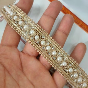 9 Yards - Narrow 2.5cm Golden Pearl & Zircon Trim Lace, Dupatta Saree Suit Border Ribbon Lace ...