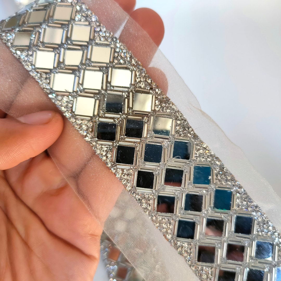 Elegant Silver Mirror Trim, Zircon and Glass Beads Cutwork Sari Border ...