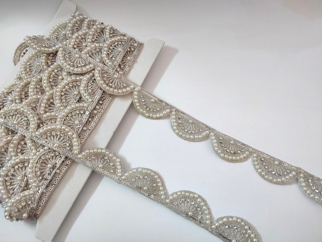 9 Yards - Elegant Silver Zircon & Pearls Scallop Indian Sequin Trim ...